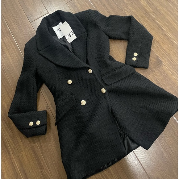 Zara | Jackets & Coats | Zara Texture Black With Gold Buttons Coat ...